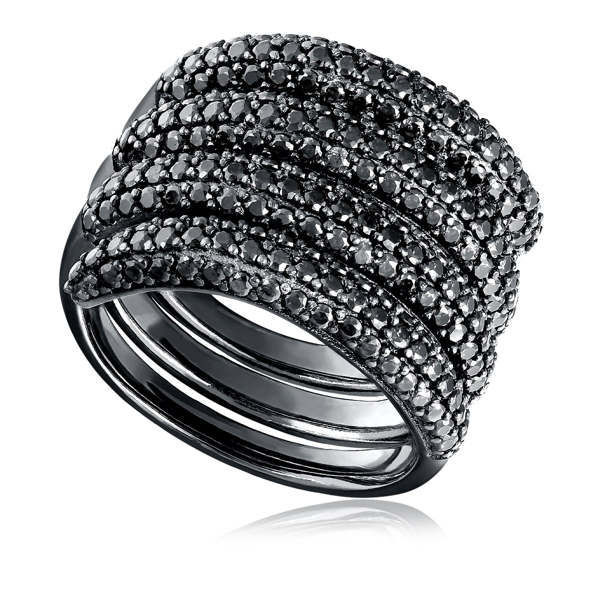 Anel de Prata com 4 Aros e Cristais Negros, Acabamento Ródio Negro ...